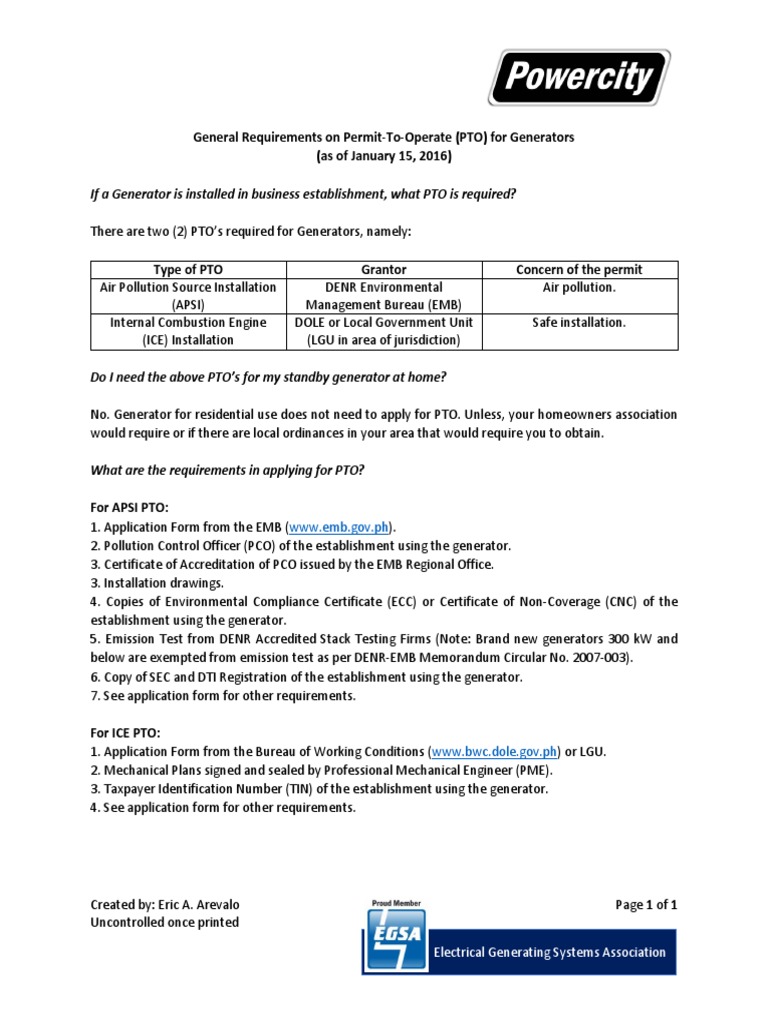 General Requirements On Permit To Operate For Generators | PDF