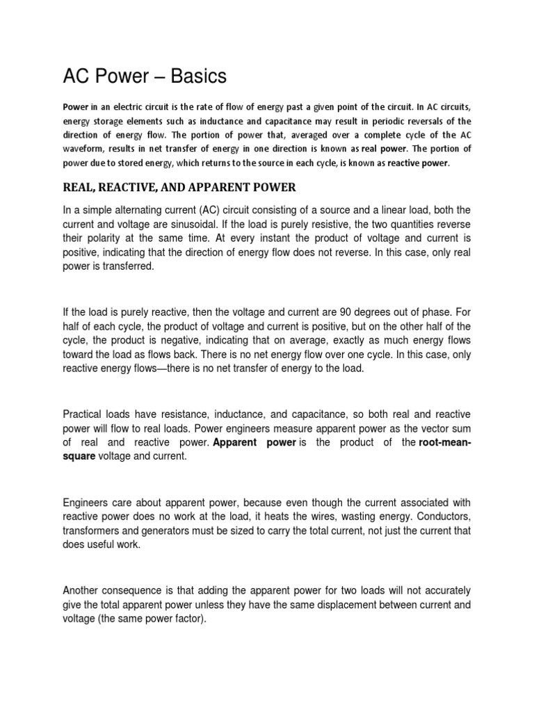 AC Power - Basics: Real, Reactive, and Apparent Power | PDF | Ac Power ...