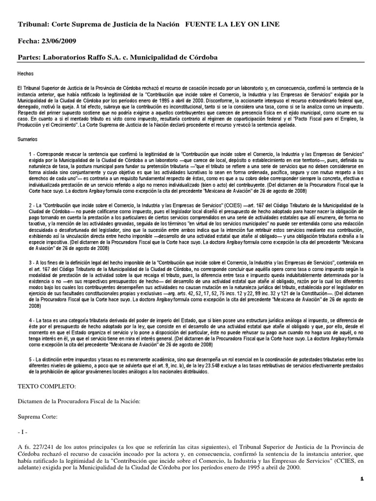 Fallo CSJN - Lab Raffo | PDF | Caso de ley | Impuestos