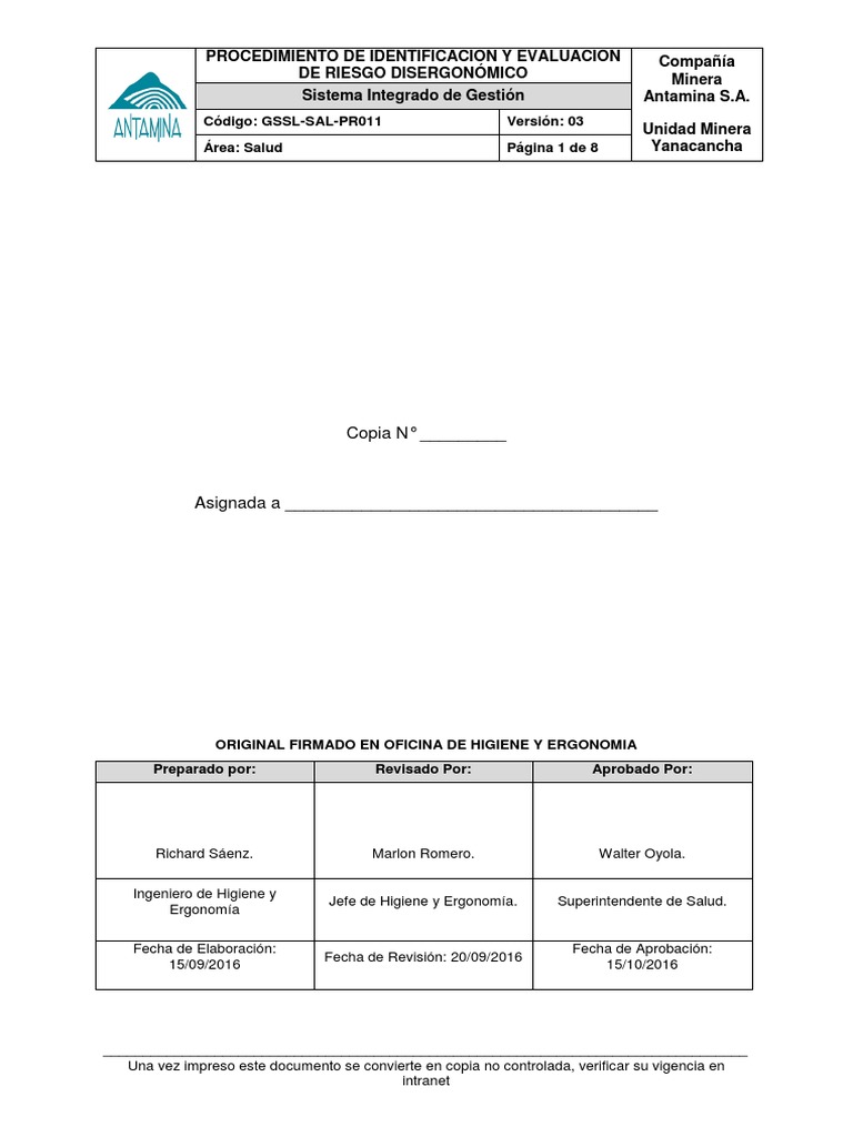 GSSL-SAL-PR011. Procedimiento de Identificaci - N y Evaluaci - N de Riesgo Disergon - Mico v3 ...