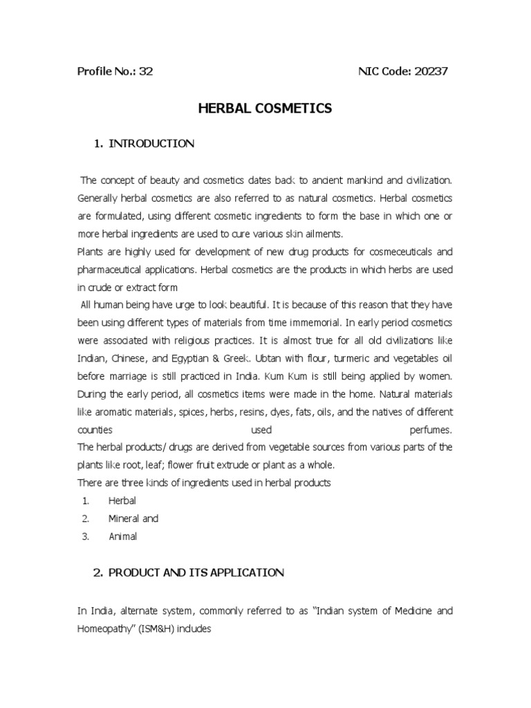Herbal Cosmetics: Profile No.: 32 NIC Code: 20237 | PDF | Herbalism ...