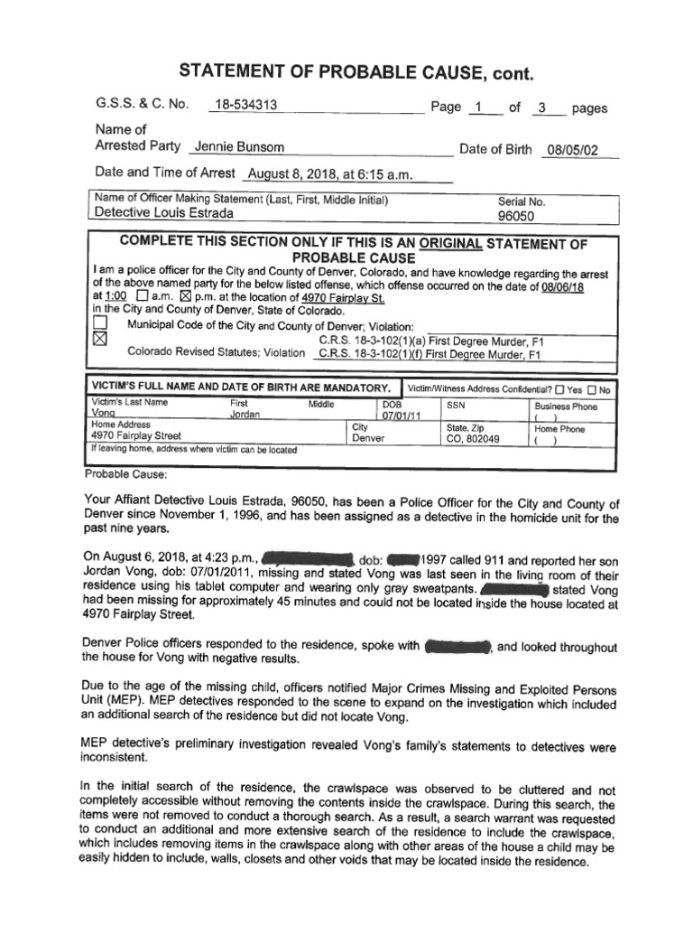 Jennie Bunsom Probable Cause Statement