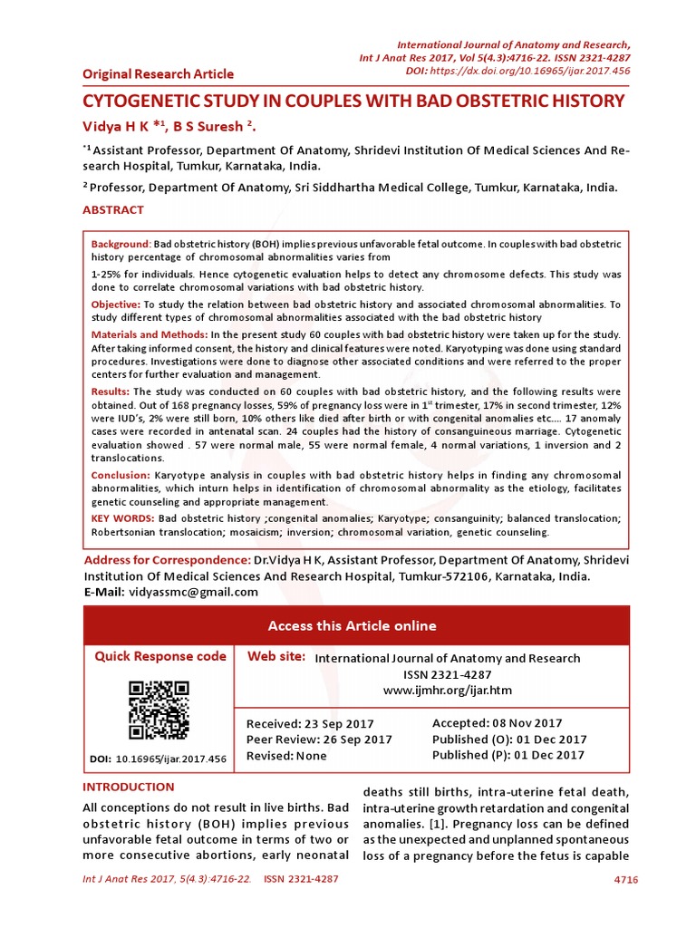 Cytogenetic Study in Couples With Bad Obstetric History | PDF ...