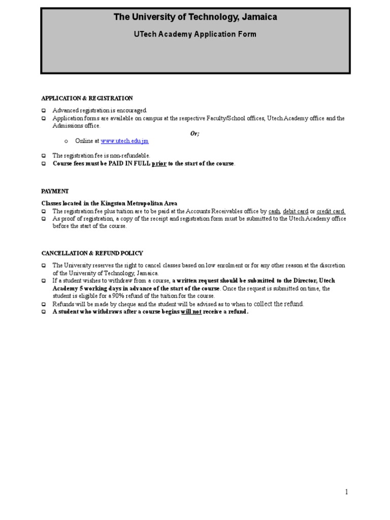 UTech Academy Application | PDF | Cheque | Fee