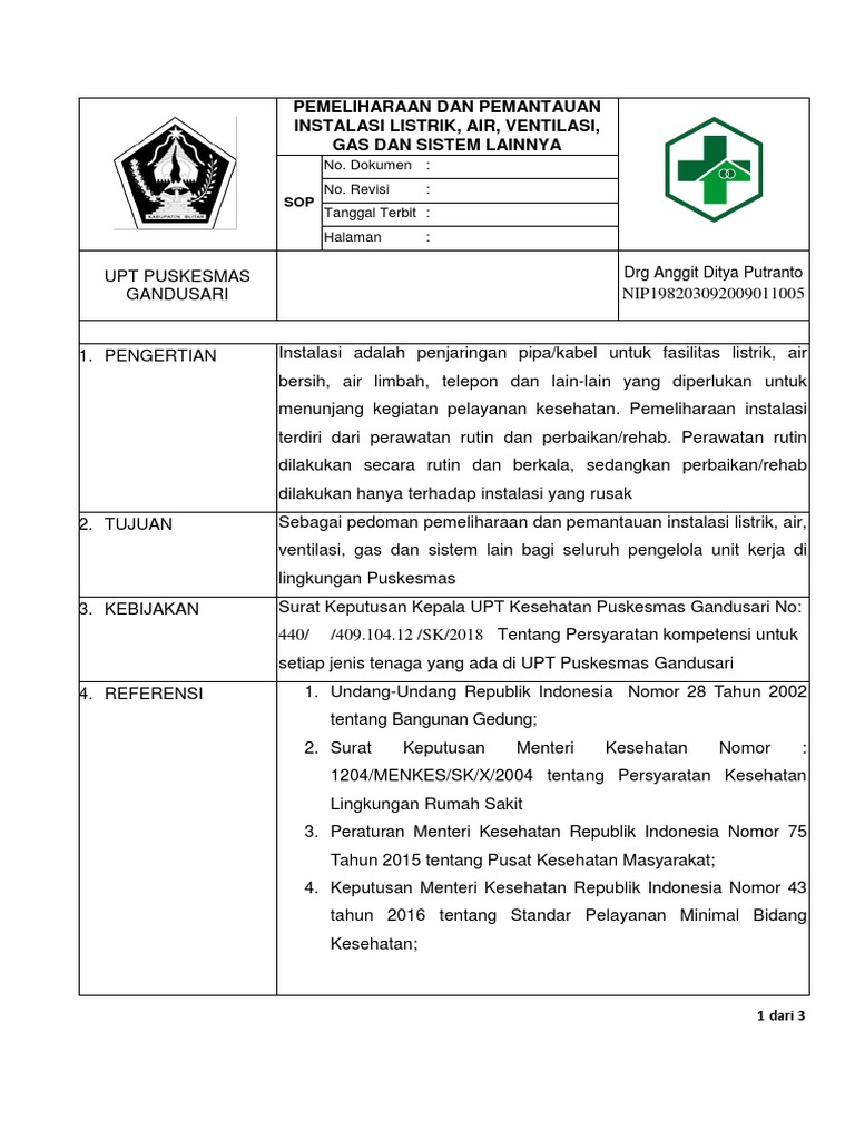 EP2.8.5.1.2 SOP Pemeliharaan Dan Pemantauan Instalasi Listrik, Air, Ventilasi, Gas, Dan Sistem ...