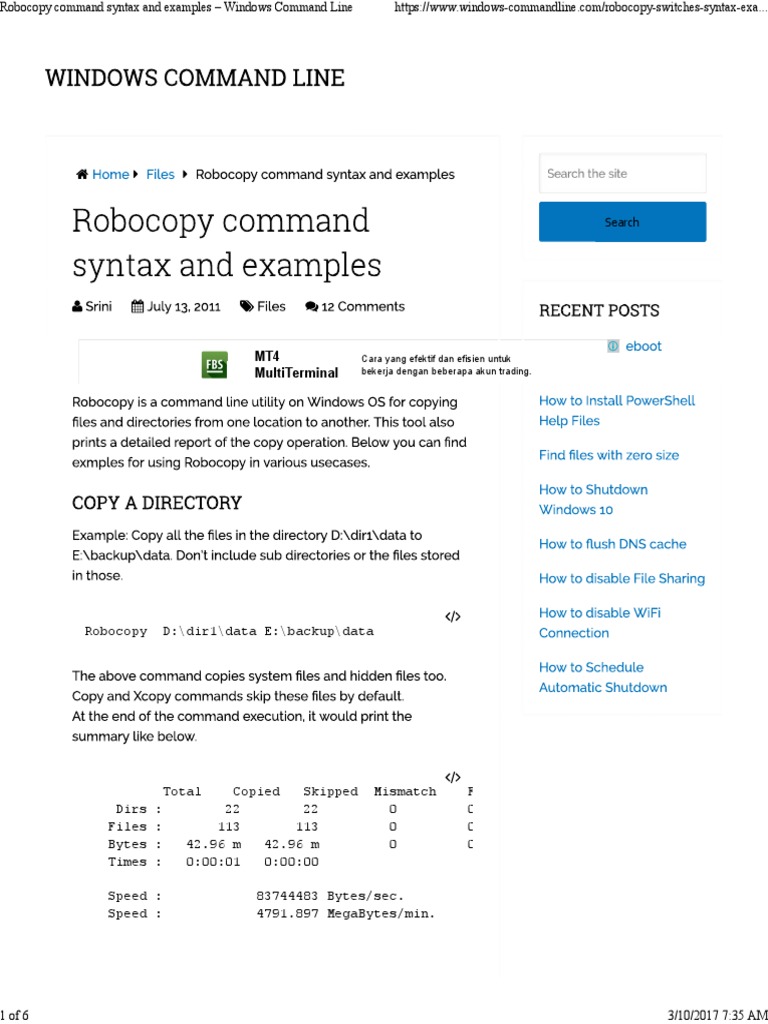 Robocopy Command Syntax and Examples | PDF | System Software | Computer Architecture
