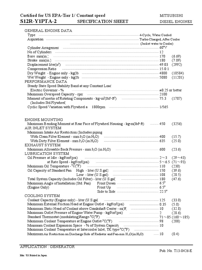 Mitsubishi S12R Diesel Engine Specs | PDF | Diesel Engine | Engines