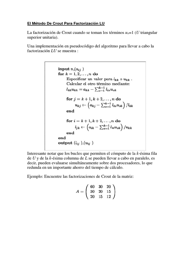 El Método de Crout para Factorización LU | PDF