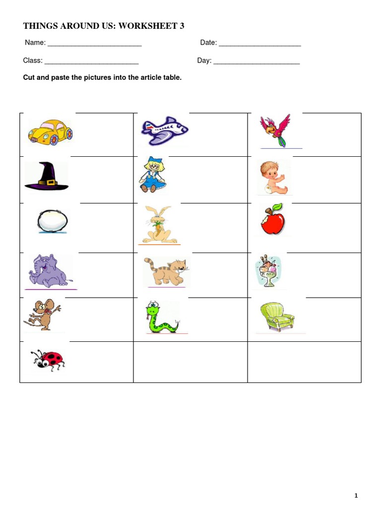 Things Around Us: Worksheet 3: Cut and Paste The Pictures Into The ...