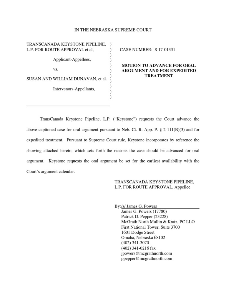 TranssCanada Motion To Expidite Oral Argument - S17-1331 Motion To ...