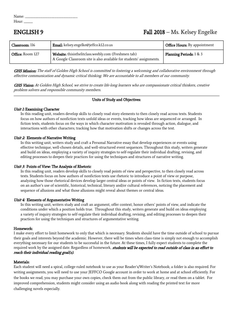 Fall 2018 English 9 Syllabus - Engelke | Download Free PDF | Homework ...