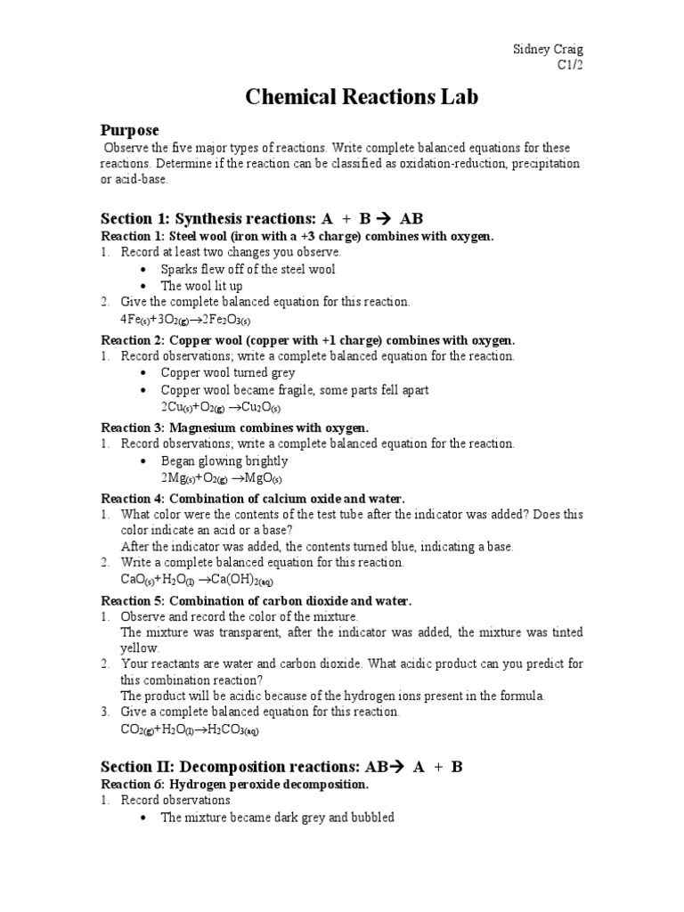 Chemical Reactions Lab | PDF | Chemical Reactions | Redox
