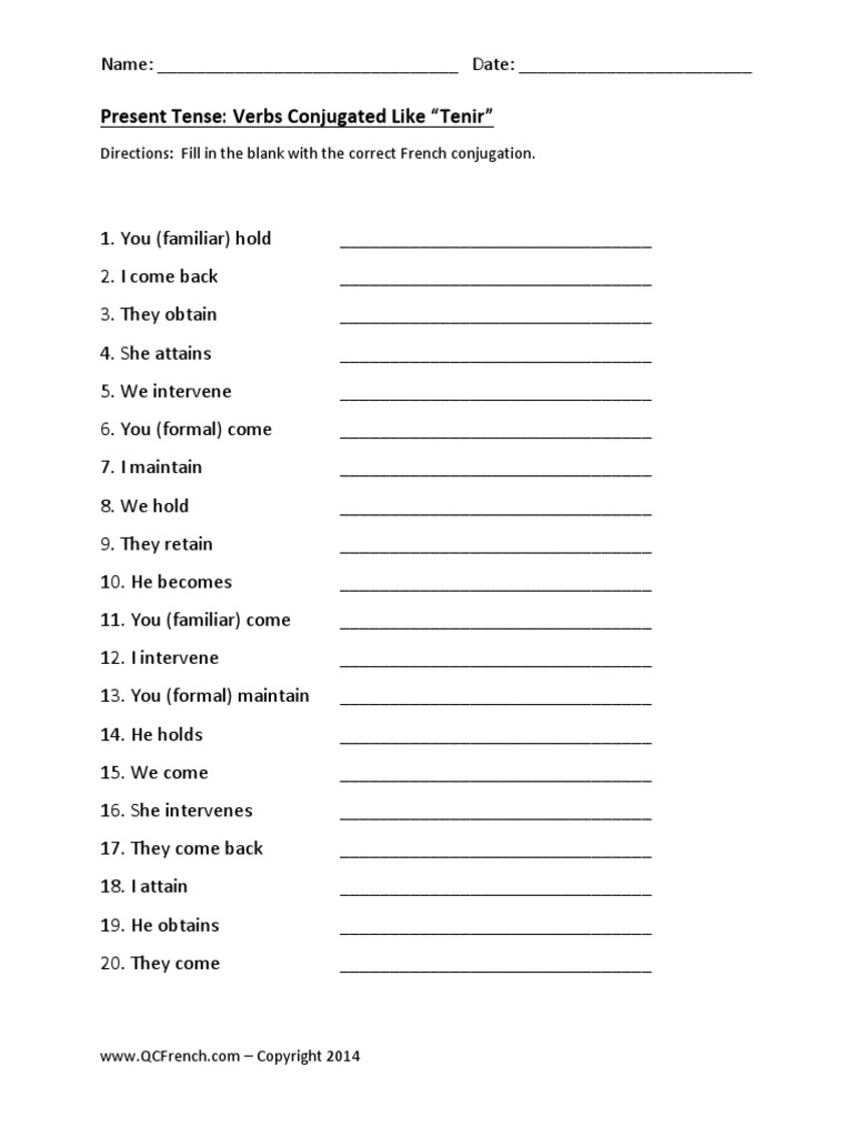 Present Tense: Verbs Conjugated Like "Tenir": Directions: Fill in The ...