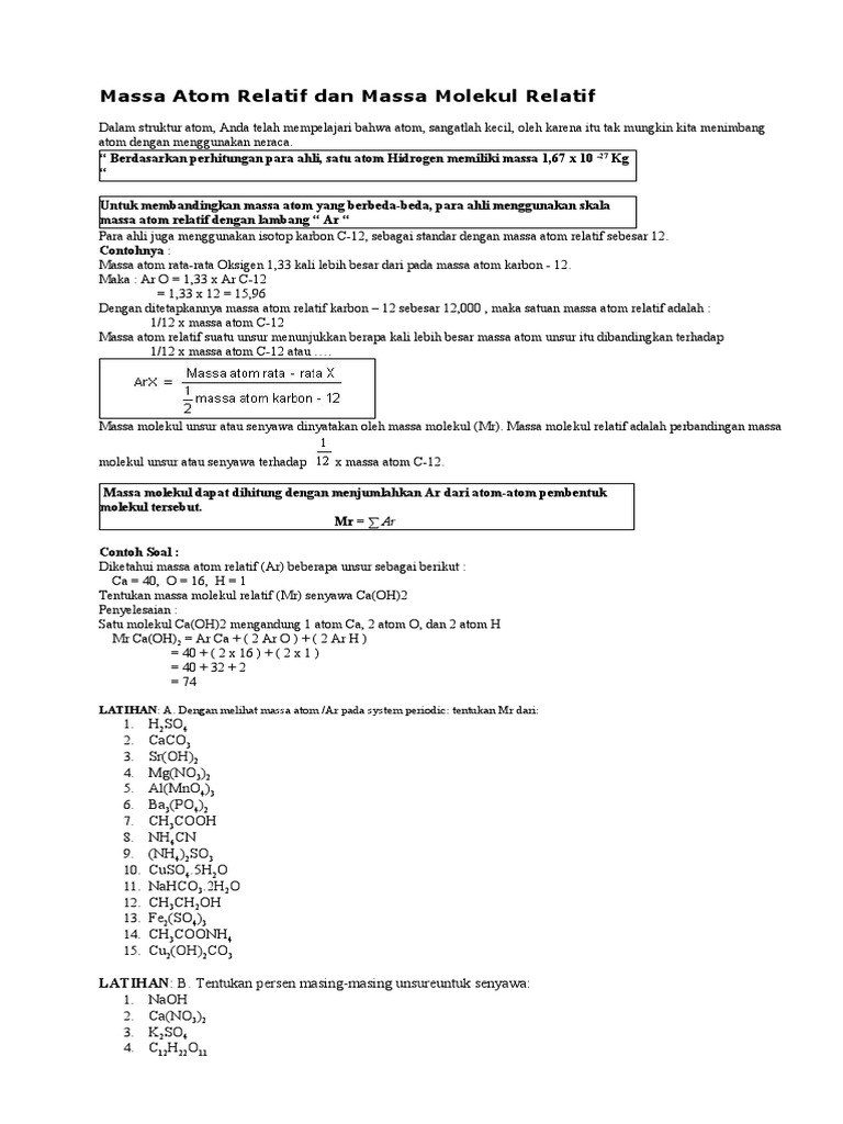 Massa Atom Relatif Dan Massa Molekul Relatif PDF | PDF | Sains & Matematika
