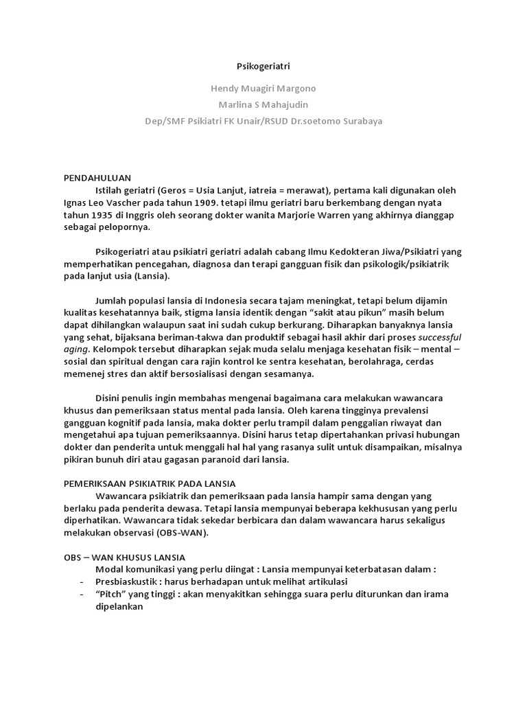 Psikogeriatri 2018 Prof - Hendy M Margono - DR.SPKJ (K) | PDF