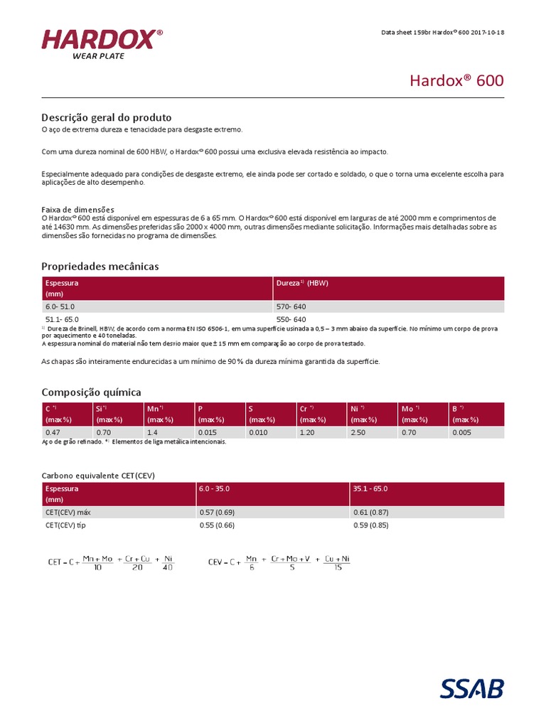 Data Sheet 159br Hardox 600 20171018 4 371857150 PT-BR | PDF | Dureza | Aço
