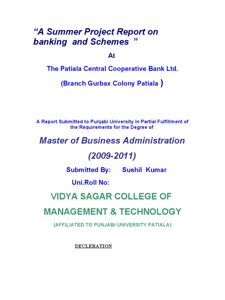 A Summer Project Report On Banking and Schemes | PDF | Banks | Cooperative
