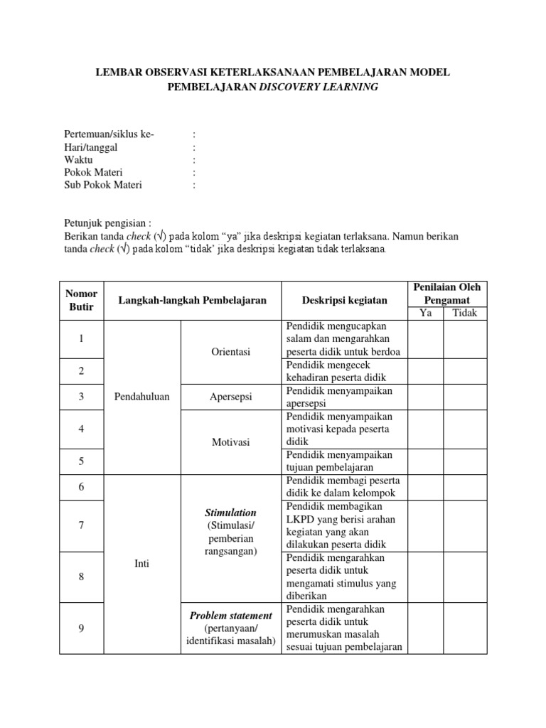 Lembar Observasi Keterlaksana Pembelajaran-Pake | PDF