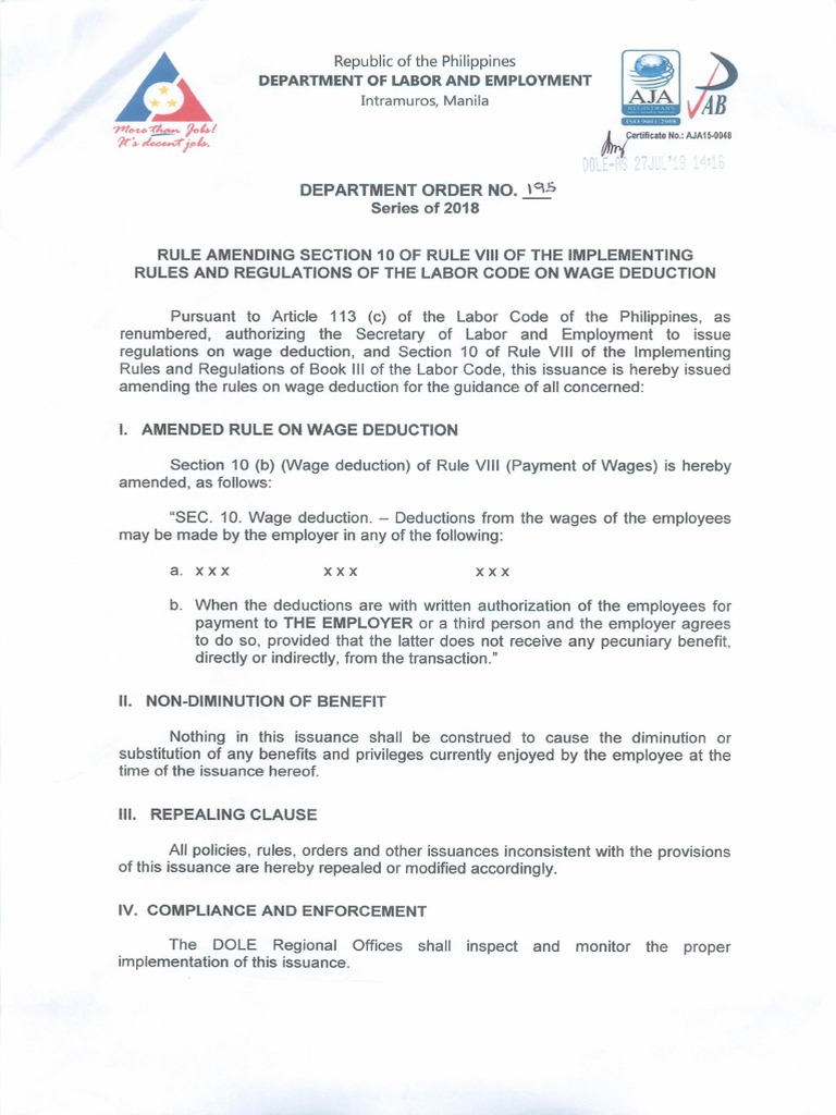 DO 195-18 Rule Amending Section 10 of Rule VIII of The Implementing ...