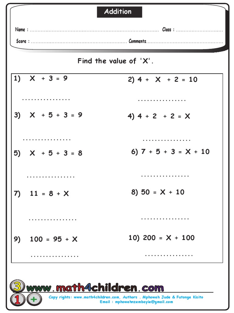 Solve for X: Addition Worksheet | PDF | Games & Activities | Teaching ...