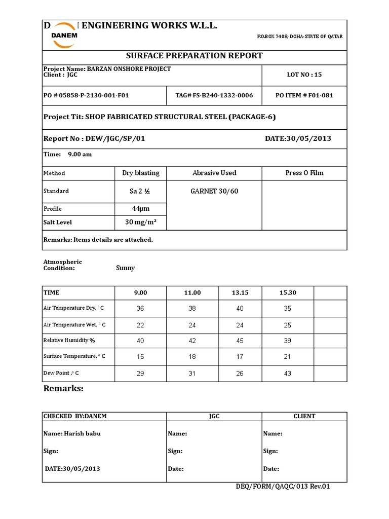 Danem Engineering Works W.L.L.: Surface Preparation Report | PDF