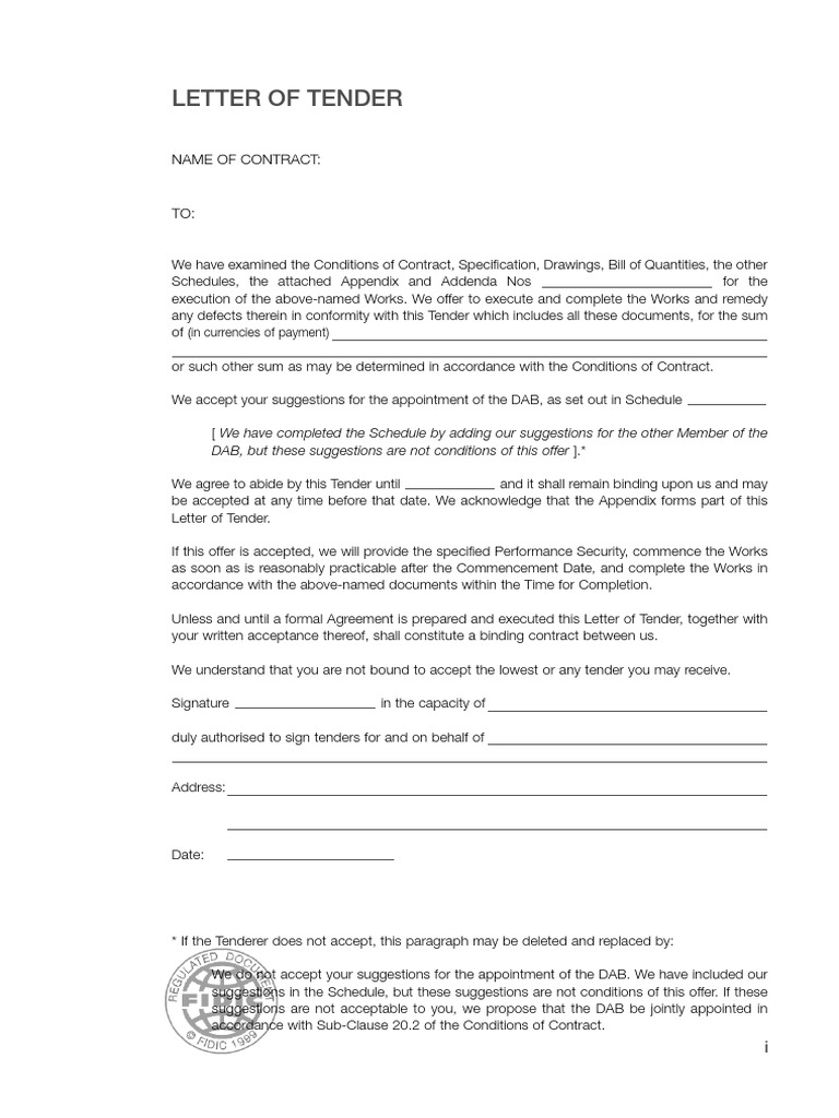 1999 FIDIC Green Book Letter of Tender | Legal Tender | Adjudication ...