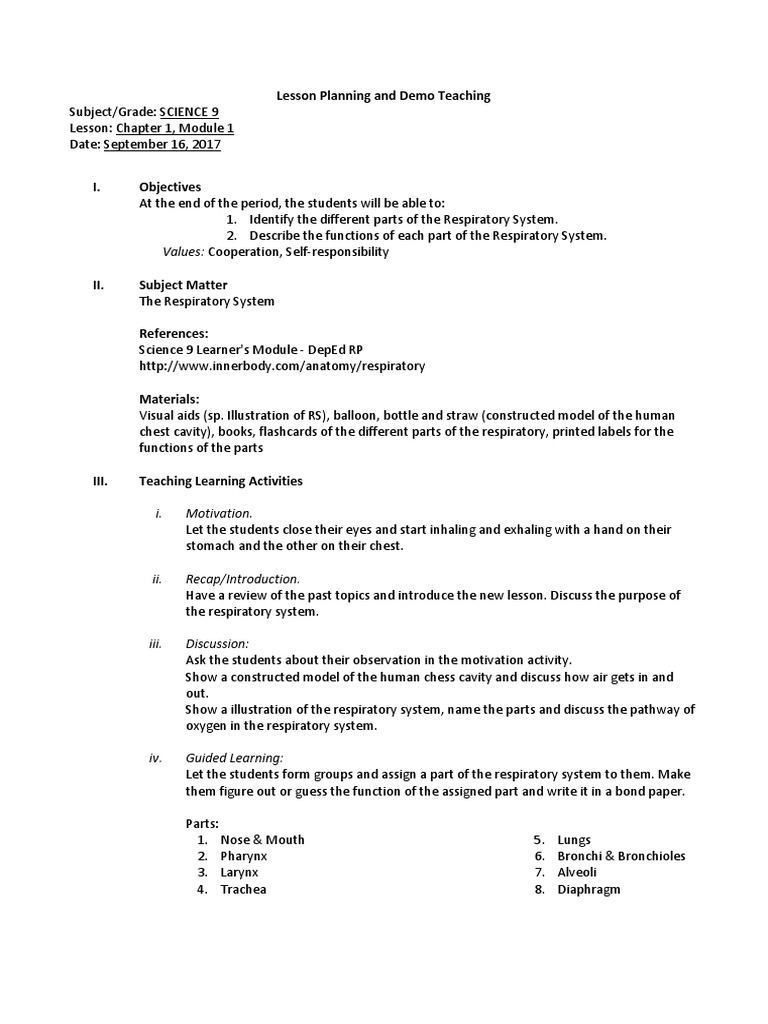Lesson Plan Simple Form | PDF | Respiratory System | Respiratory Tract