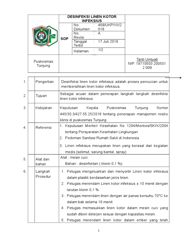 Sop Desinfektan Linen Kotor Infeksius | PDF | Pengembangan Diri | Sains & Matematika