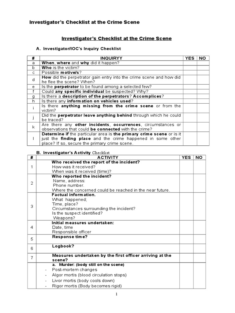Crime Scene Investigation Checklist | PDF | Crime Scene | Autopsy