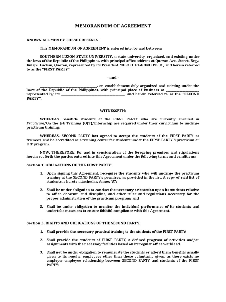 MOA for OJT and Practicum Agreement | PDF | Justice | Crime & Violence