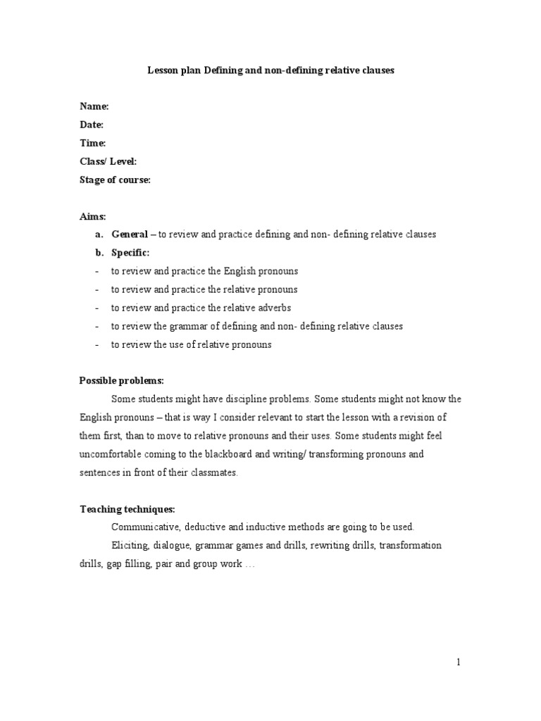 Teaching Relative Clauses Lesson Plan | PDF | Lesson Plan | English ...