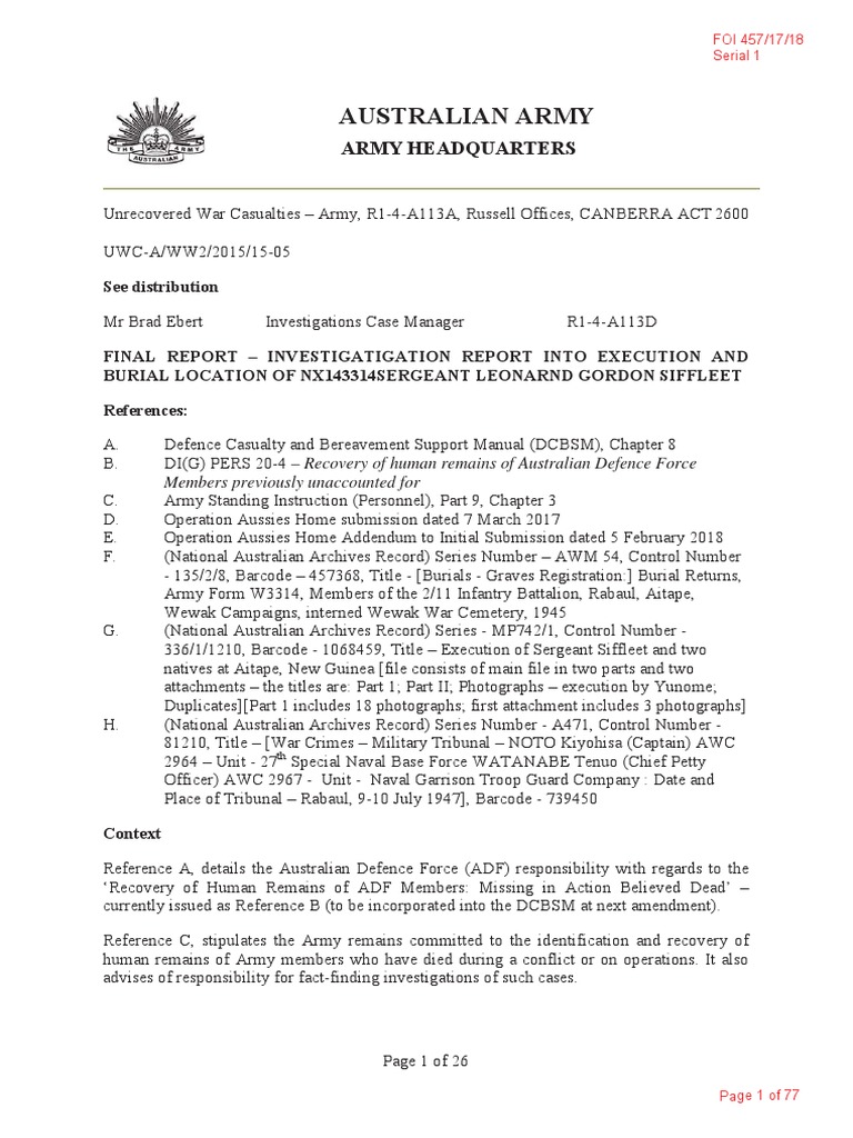 ADF Report On The Execution and Burial of Sergeant Leonard Siffleet ...