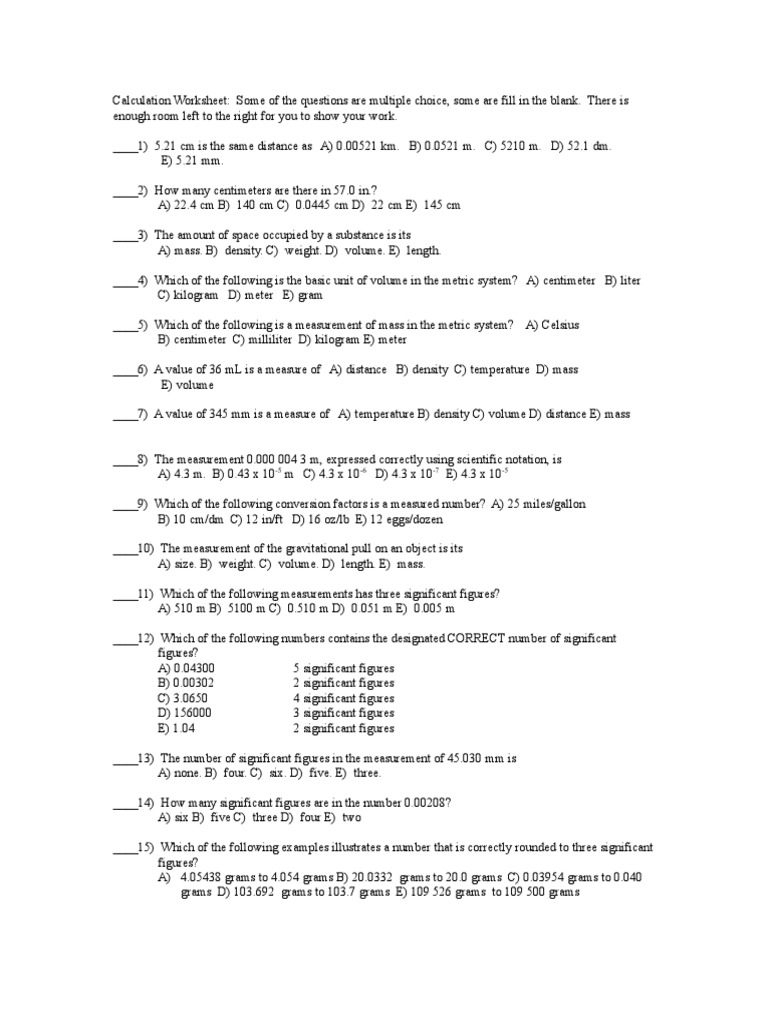 Calculation Worksheet | PDF | Litre | Measurement