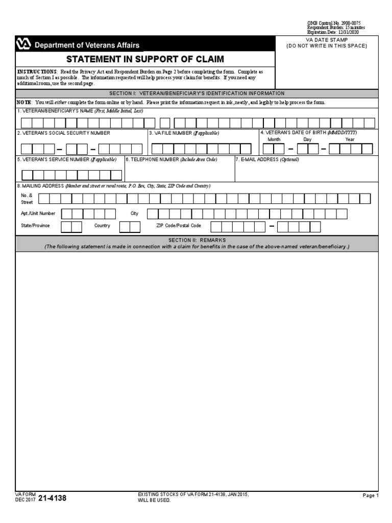Statement in Support of Claim for Veteran Benefits | PDF | Social ...