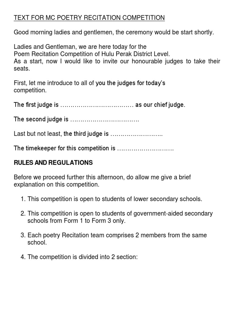 Text For MC Poetry Recitation Competition | PDF
