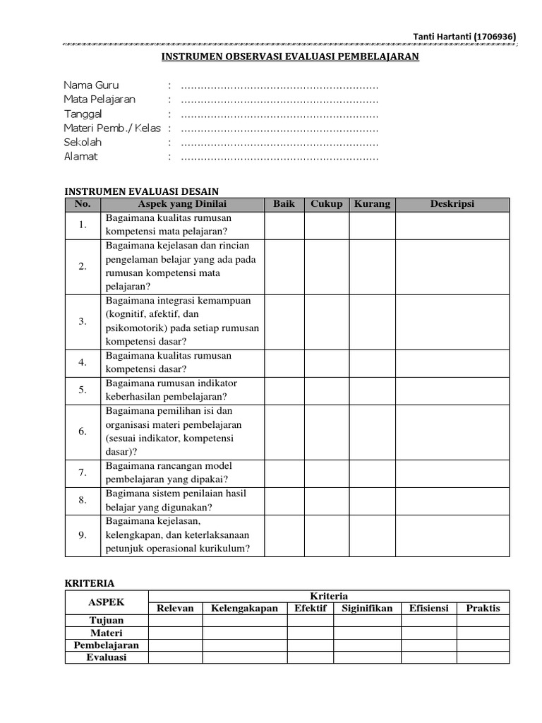 Instrumen Observasi Evaluasi Pembelajaran | PDF
