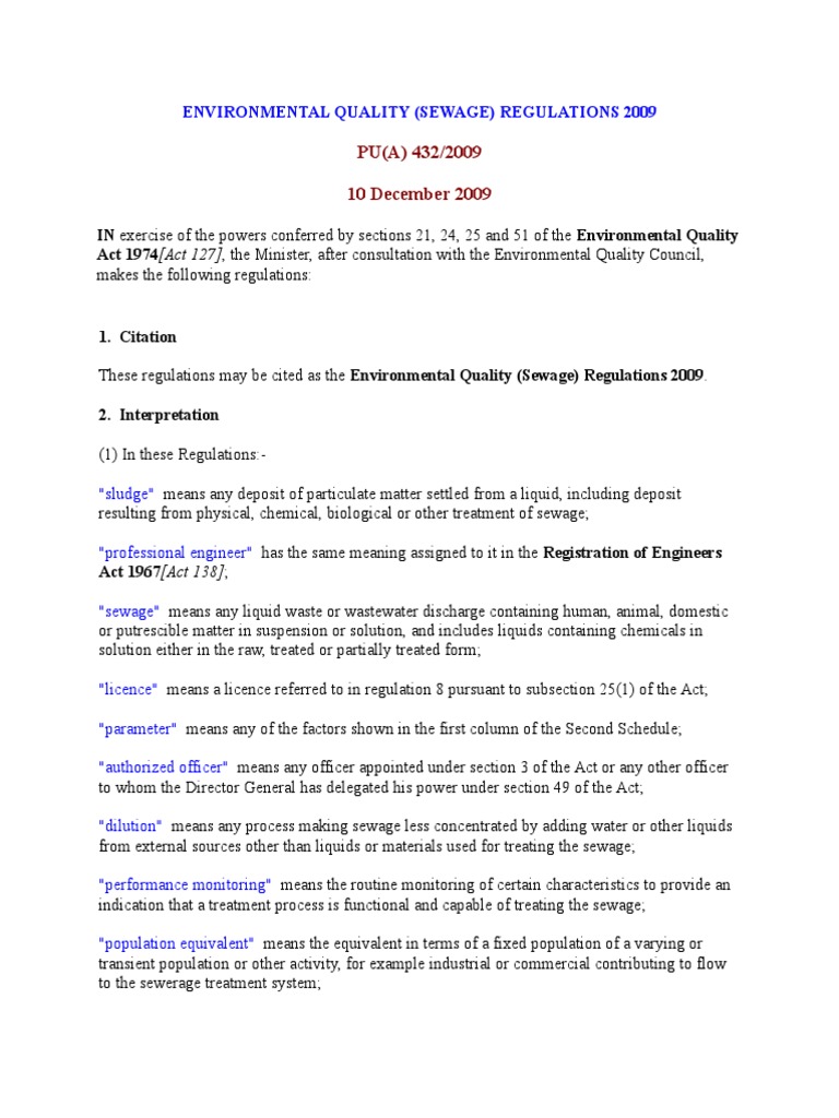 Environmental Quality (Sewage) Regulations 2009 | PDF | Sewage | Sewage ...