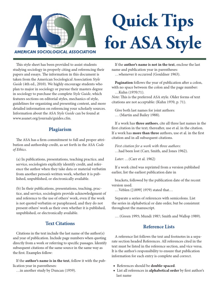 ASA Style Guide for Sociology Students | PDF | Citation | Written ...