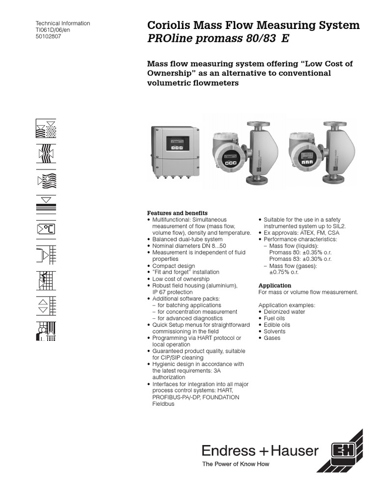 Proline Promass 80/83 E: Coriolis Mass Flow Measuring System | PDF ...