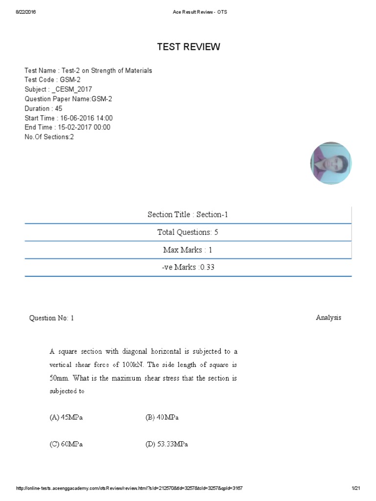 Test Review: Section Title: Section 1 Total Questions: 5 Max Marks: 1 ...