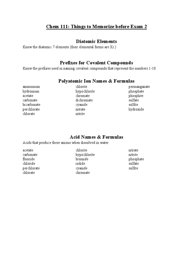 Chem 111: A Study Guide for Diatomic Elements, Prefixes for Covalent ...