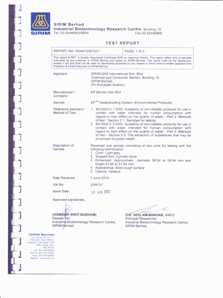Ep Borneo - Sirim Test Report | PDF | Cell Culture | Quality Assurance