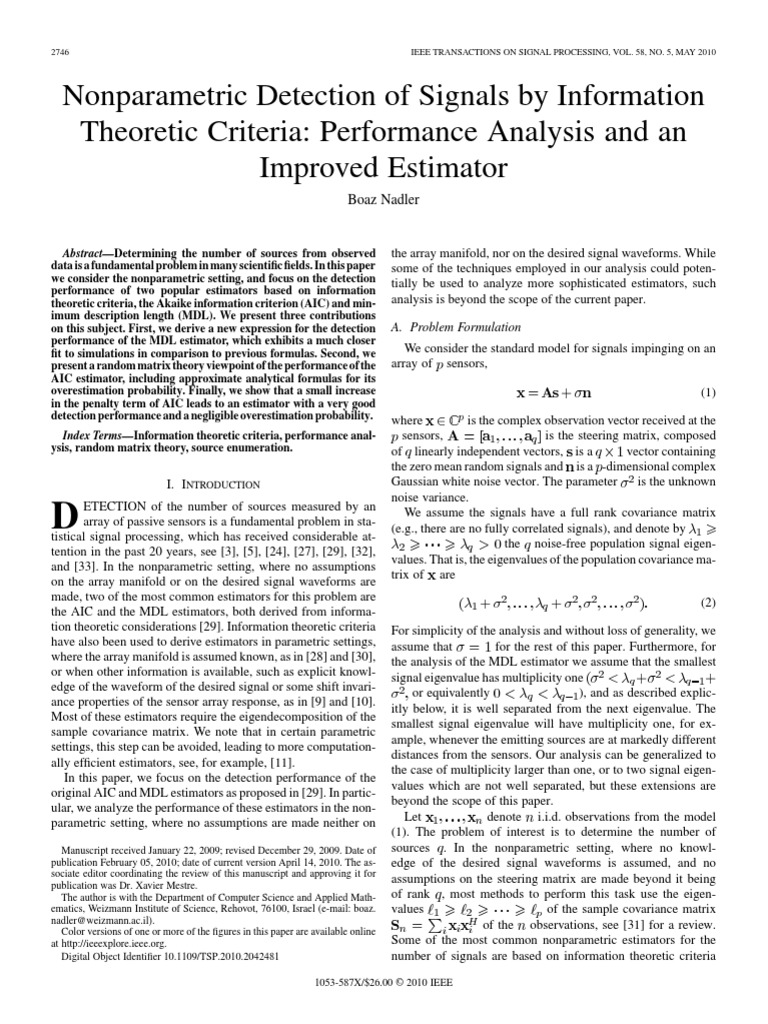 Nonparametric Detection of Signals by Information Theoretic Criteria: Performance Analysis and ...