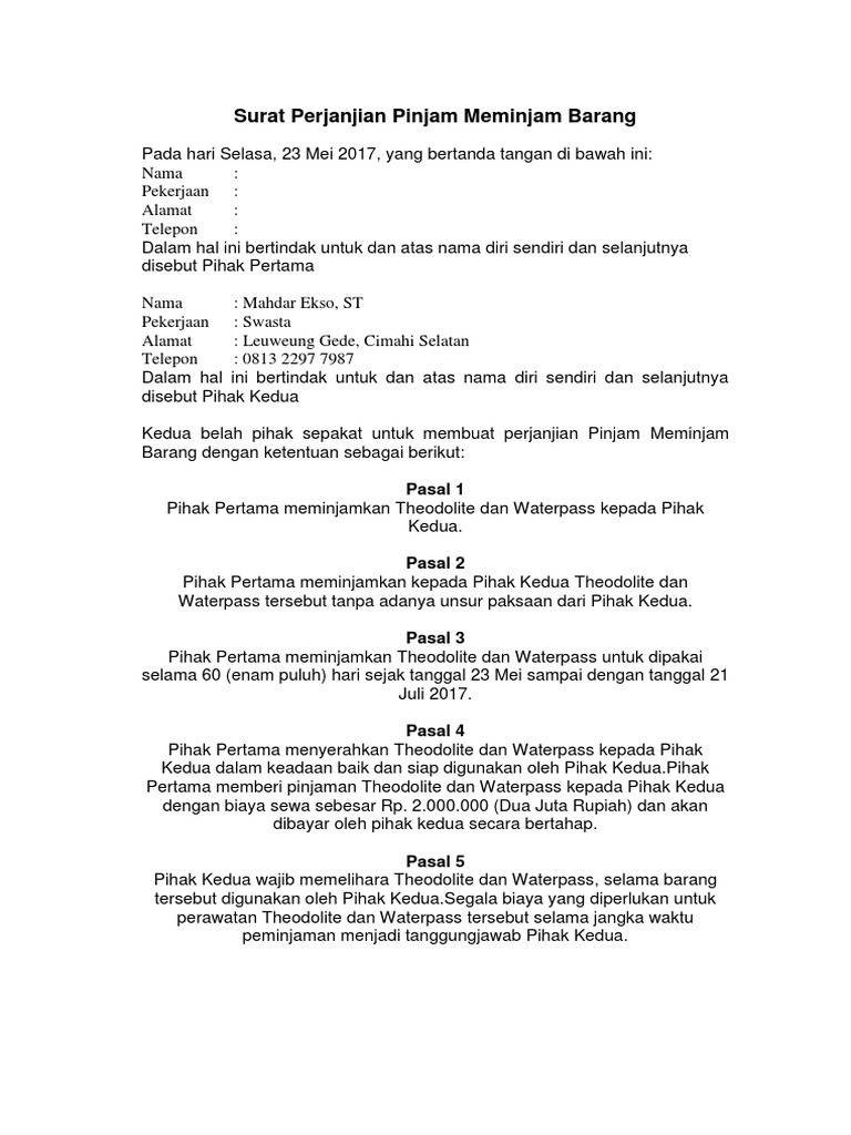 Surat Perjanjian Pinjam Meminjam Barang Theodolite Gelora K Panikel | PDF | Hukum | Politik