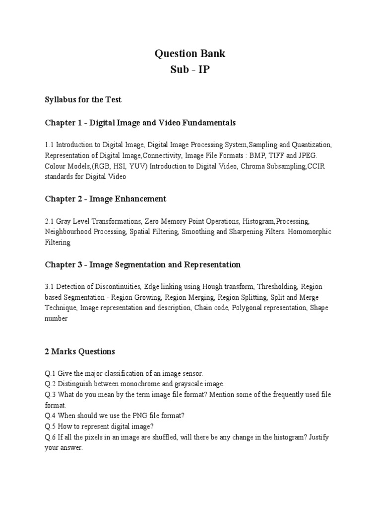 IP - Question Bank - Class Test-I - 2018 PDF | PDF | Image Segmentation ...