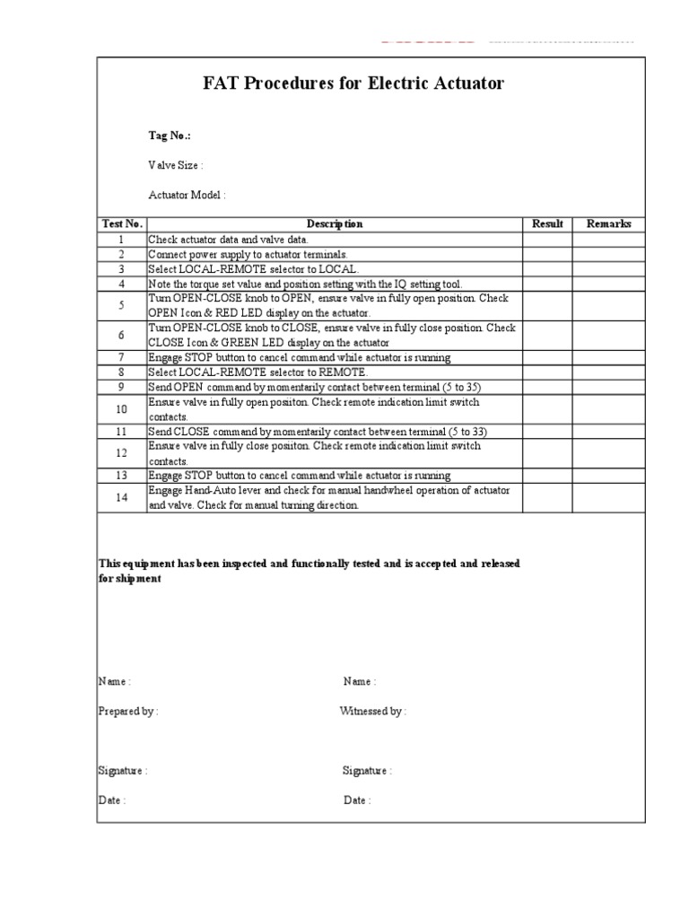 FAT Procedur For Electric Actuator | PDF | Valve | Switch