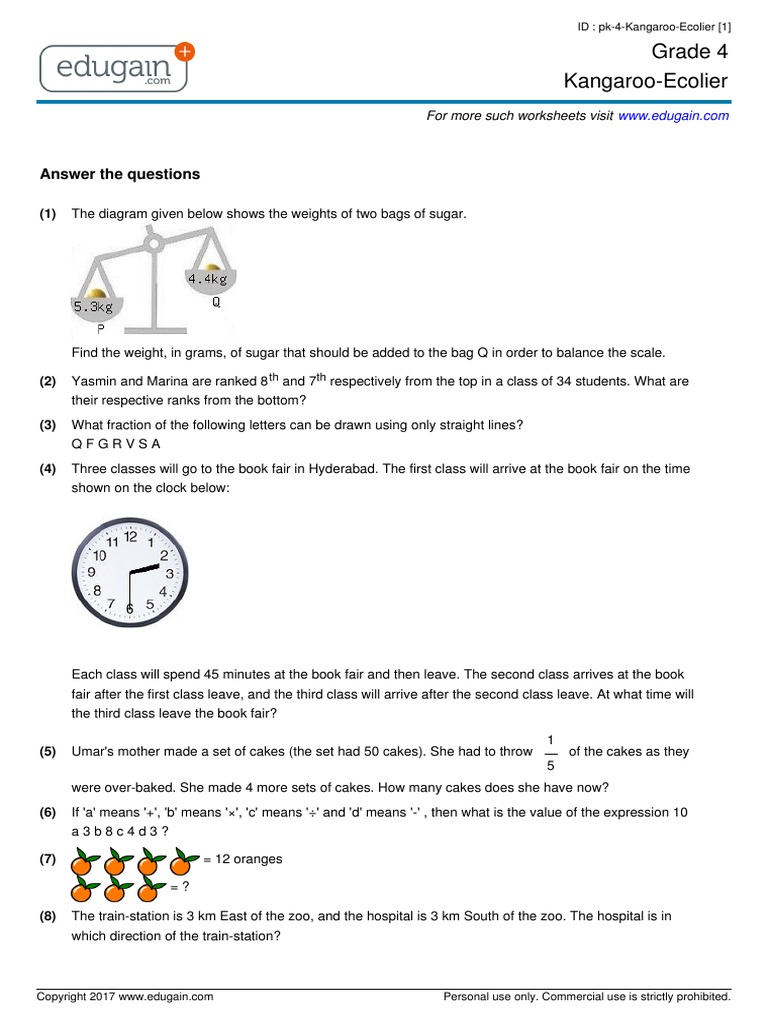 Grade 4 Kangaroo-Ecolier: Answer The Questions | PDF | Teaching Mathematics