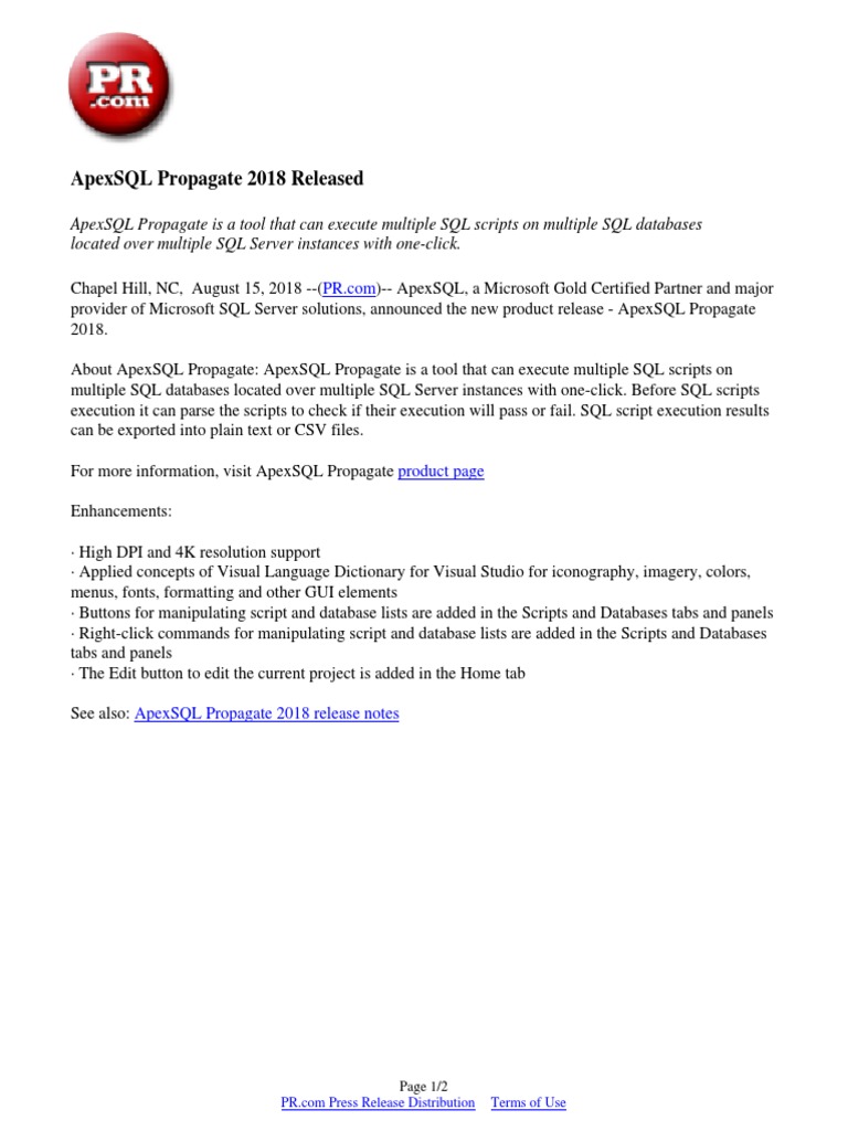 ApexSQL Propagate 2018 Released | PDF | Microsoft Sql Server | Sql