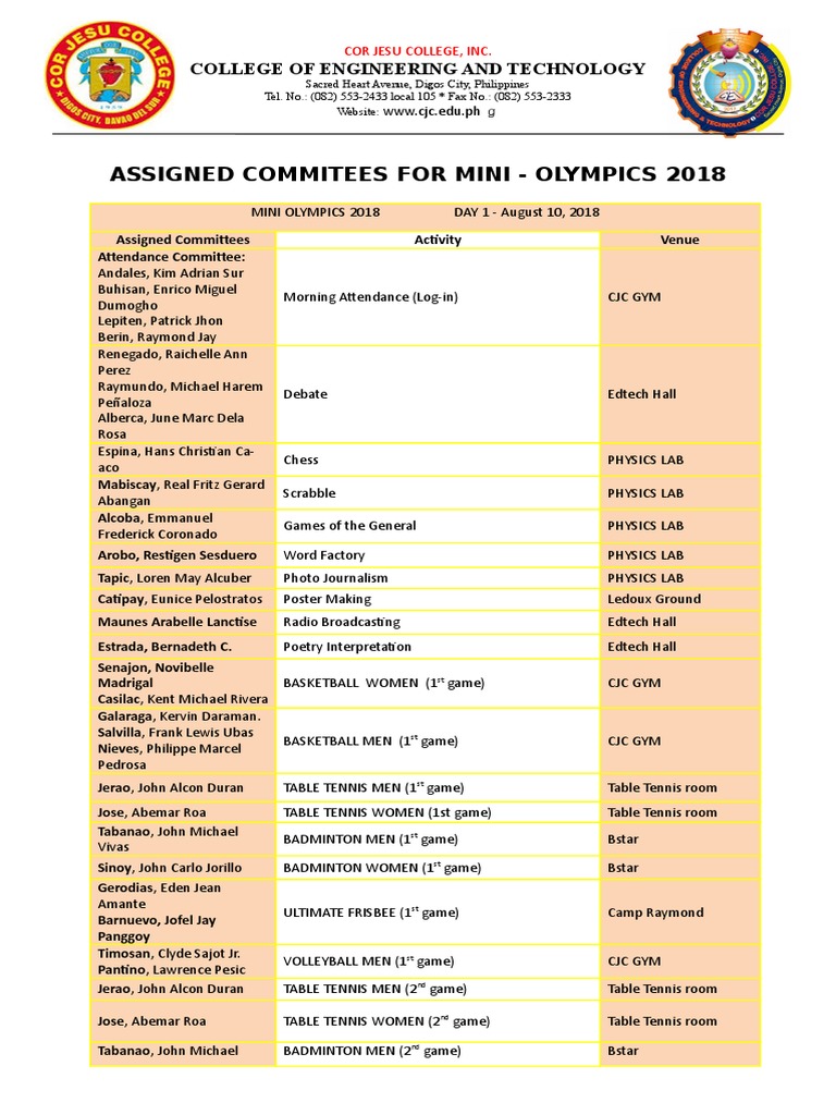 Assigned Commities For Mini Olympics | PDF | Summer Olympic Sports ...