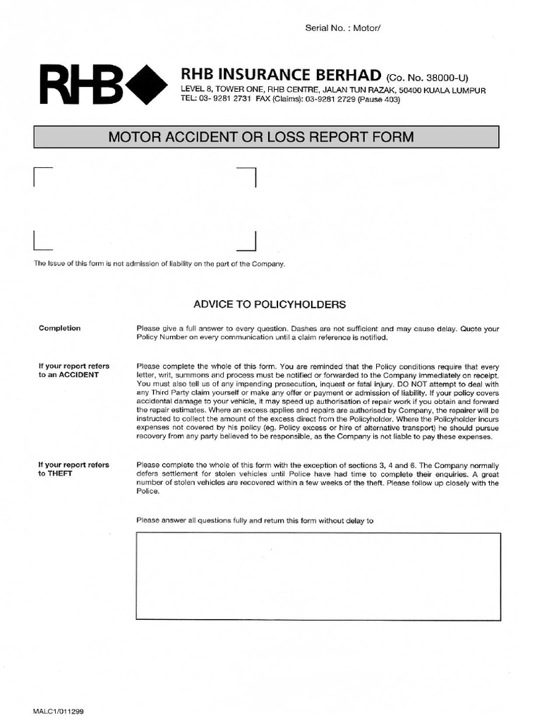 Motor Accident Loss Claim Form & Checklist | PDF | Financial Risk ...